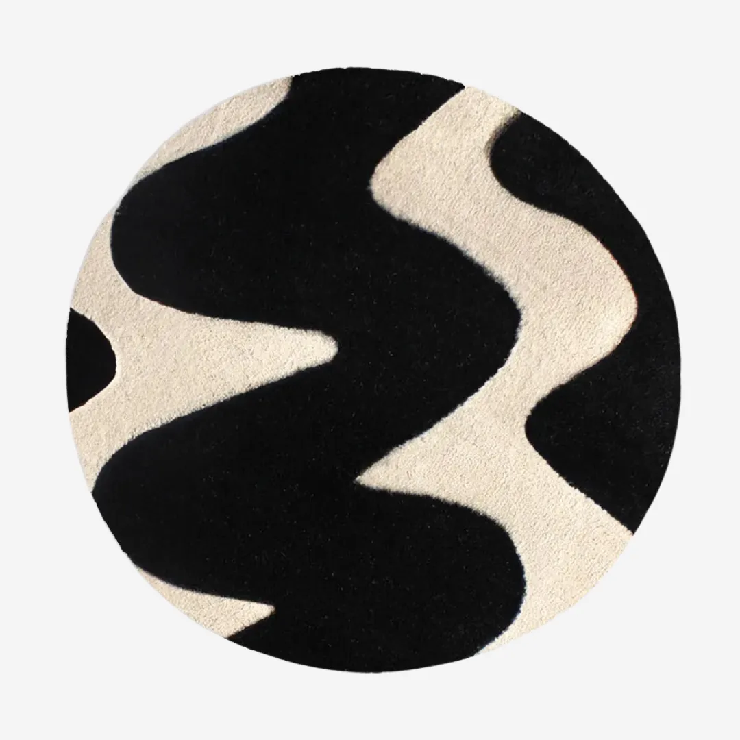 Black & White Wavy Round Rug – Modern Circular Area Rug