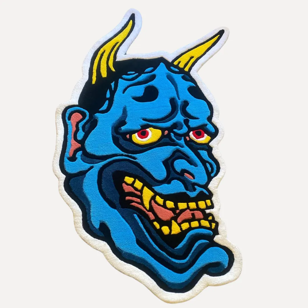 Blue Hannya Mask Rug – Japanese Tattoo Art | Custom Shape Rug